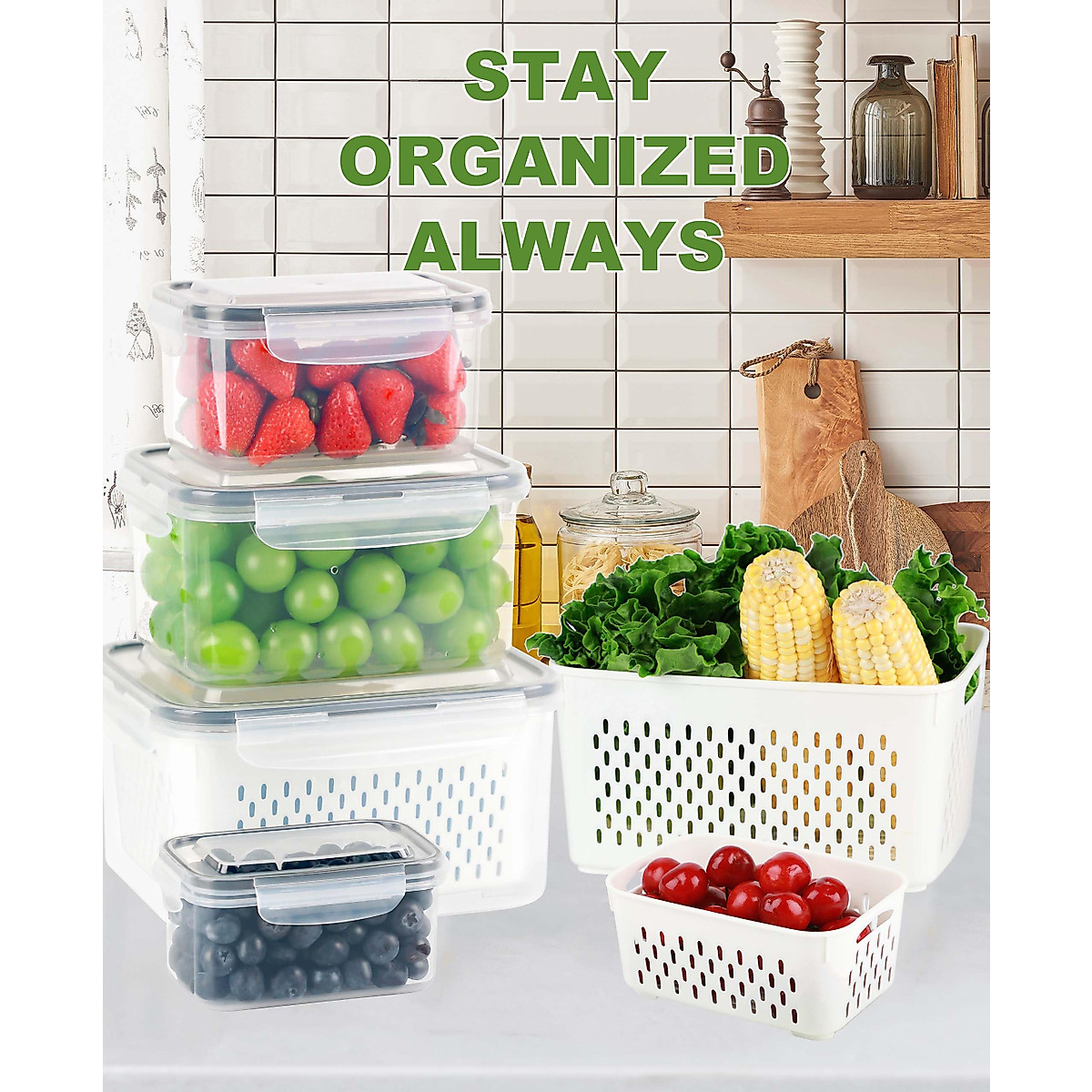 5 PCS Fruit Storage Containers for Fridge - Fruit Containers for Refrigerator with Removable Colander - Airtight Food Storage Container Keep Produce Vegetables Berry Fresh Longer