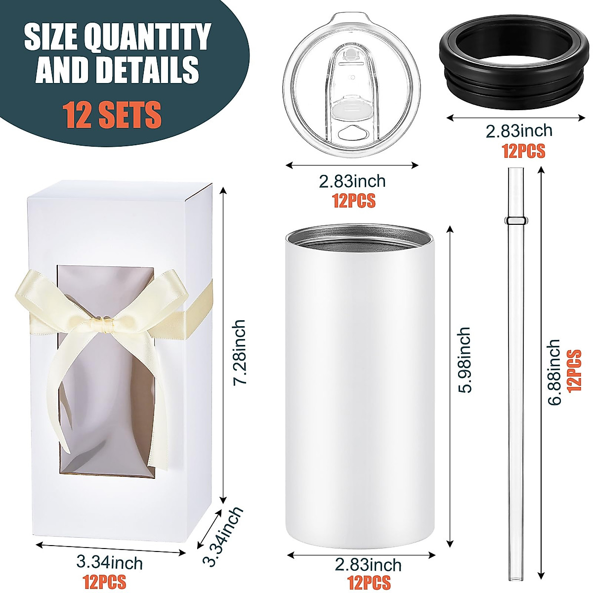 Meanplan 12 Pack Sublimation Skinny Can Cooler 12 oz White Sublimation Can Holder Blanks Insulated Stainless Steel Sublimation Drink Tumbler Holder with Gift Boxed Straws for Valentines(Tall Style)