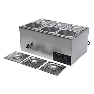 Leblett 110V Commercial Food Warmer,Large Capacity 6X 3.2Qt Pan Stainless Steel 600W Electric Countertop Steam Table with Intelligent Thermostat for Catering and Restaurants Use (6-Pan)