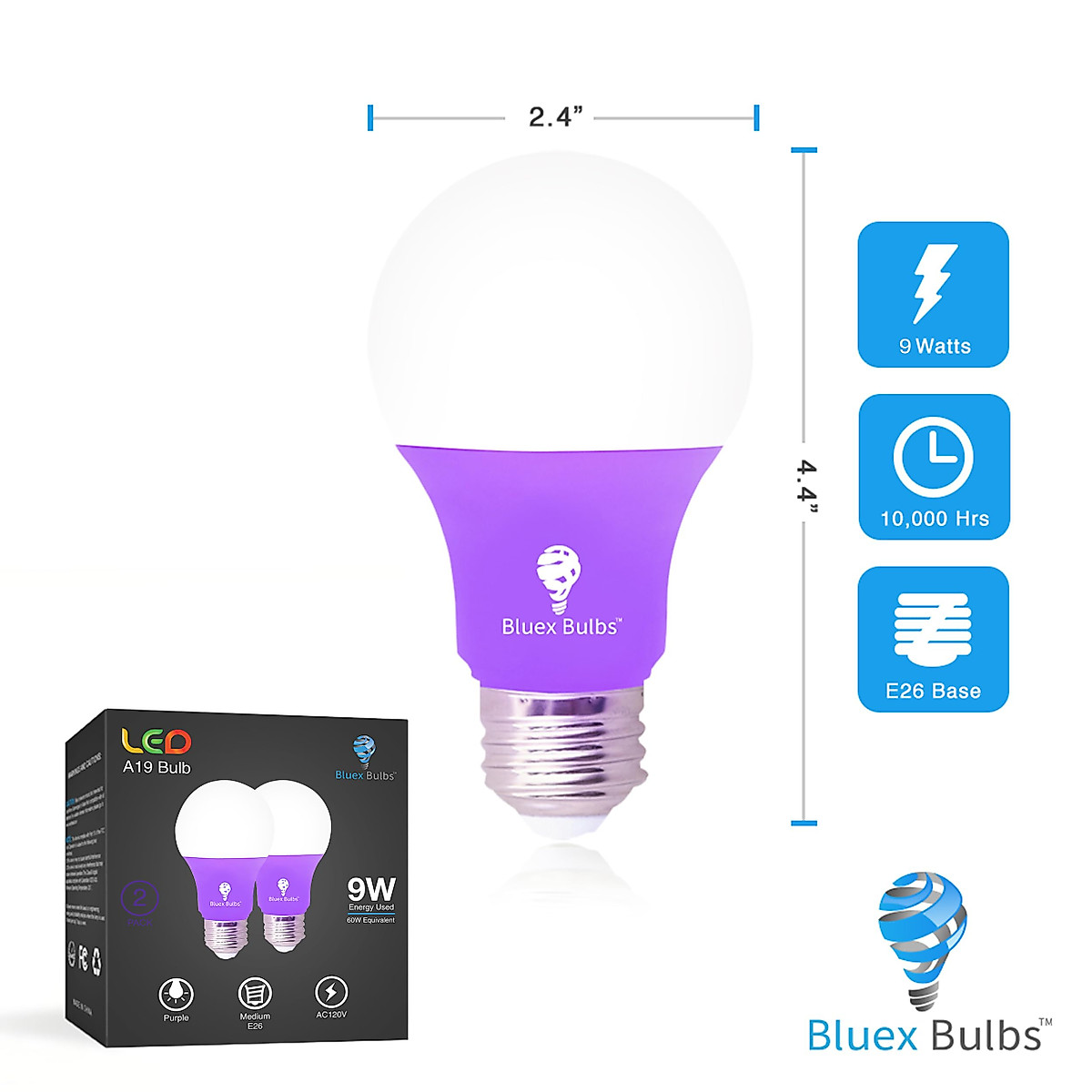Bluex Bulbs 2 Pack LED A19 Purple Light Bulb - 9W (60Watt Equivalent) - E26 Base LED Purple Bulb, Party Decoration, Porch, Home Lighting, Holiday Lighting, Decorative Illumination (Purple)
