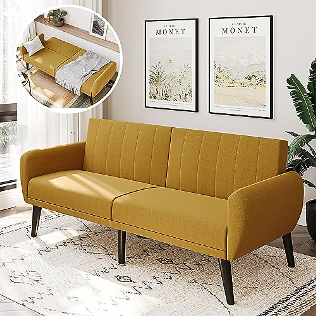 BELLEZE Convertible Sofa Bed, Modern Loveseat, Sleeper Sofa, Futon Couch for Living Room, Guest Room, Garage - Melrose (Yellow)