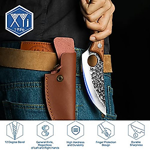 XYJ FULL TANG 6 Inch Stainless Steel Boning Knife Chef Fishing Knives Carry Leather Sheath Outdoor Cooking Knives Meat Butcher Knife For Camping Kitchen or Outdoor BBQ