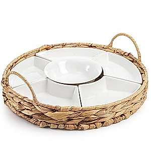 AVLA Ceramic Divided Serving Dishes, Porcelain Relish Tray, Party Appetizer Platter, 6 Removable Snack Bowls with Cattail Basket for Chips and Dips, Candy, Nut, Condiment, Veggie, Portable Handle