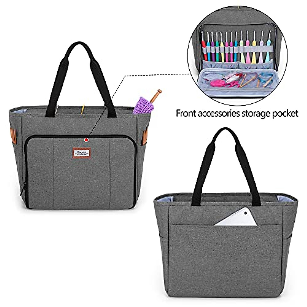 CURMIO Knitting Tote Bag, Yarn Storage Bag with Pockets for Crochet Hooks, Knitting Needles, Knitting Project and Accessories, Gray (Bag Only, Patented Design)