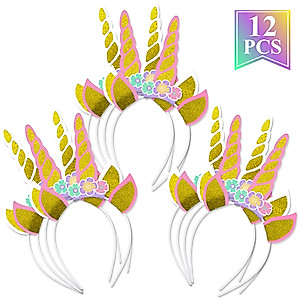 WEEPA 12Pcs Unicorn Party Supplies Gold Glitter Unicorn Headband with 3 Flower Ears Unicorn Party Hats for Unicorn Party Decorations, Birthday Party, Baby Shower