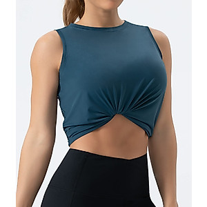 Ice Silk Workout Tops for Women Quick Dry Muscle Gym Running Shirts Sleeveless Dark Blue Green