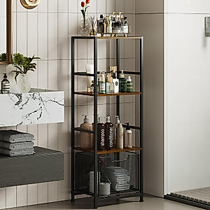 4-Tier Standing Storage Shelves, Narrow Shelving Unit for Small Places, Metal Wood Combination Storage Shelf Rack with Wire Basket,Adjustable Utility Shelf for Bathroom Kitchen Laundry Garage