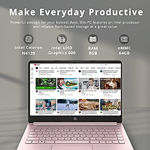 HP Stream 14" HD BrightView Laptop, Intel Celeron N4120 Processor, 8GB RAM, 64GB Storage, Intel HD Graphics, Webcam, 1 Year Office 365, Pink, Windows 11 S, 32GB Hotface USB Card