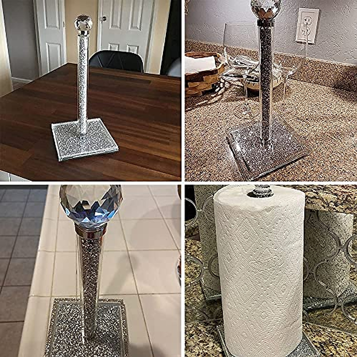 Handmade Silver Paper Towel Roll Holder, Filled with Sparkly Crystal Crushed Diamonds for Kitchen / Bathroom Towel Tissue Roll Countertop, 13inch Height 6.3inch Square Base Freestanding Holder