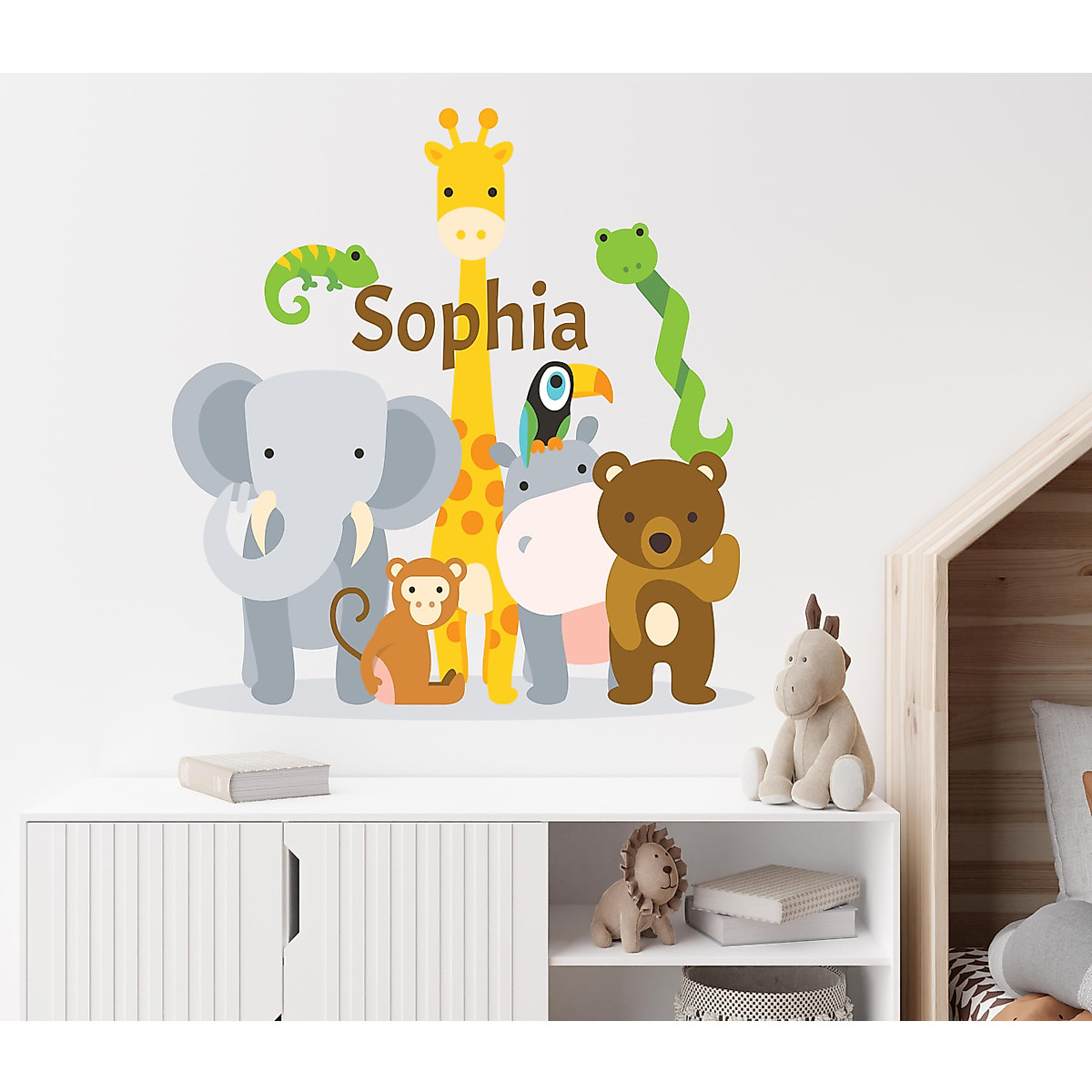 Custom Name Jungle Animals Wall Decal - Baby Safari Zoo Animals Series Theme Wall Art Decal - Wall Decal for Nursery Bedroom playroom Decoration (Wide 16"x16" Height)