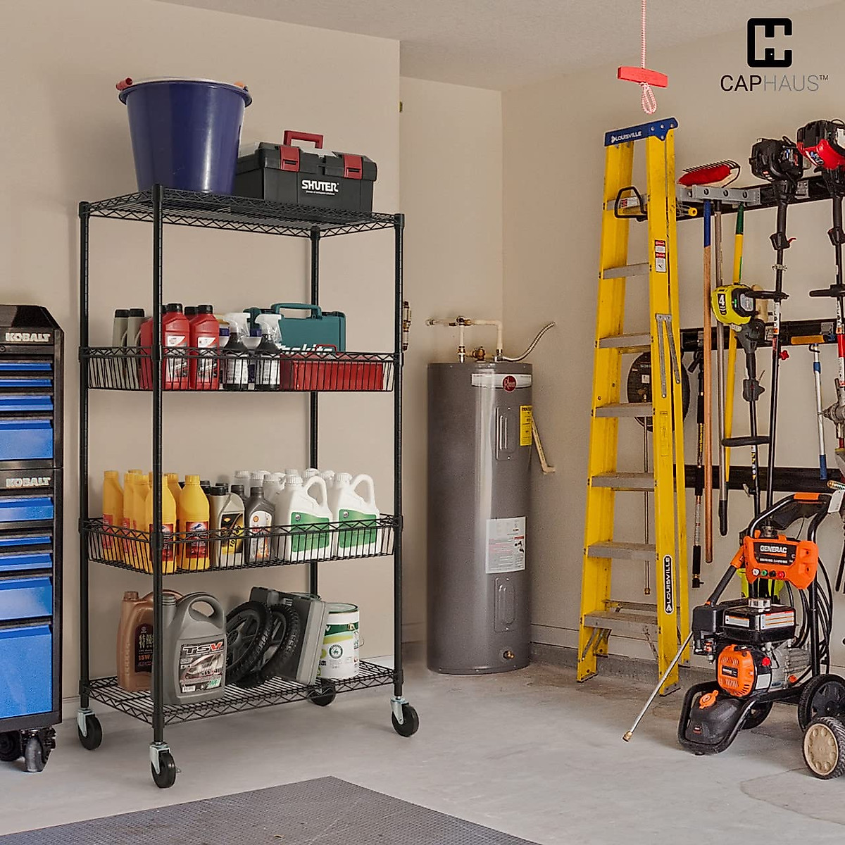 CAPHAUS NSF Commercial Heavy Duty 4 Tier Wire Shelving w/Two Trapezoid Baskets, Wheels, Leveling Feet, Storage Metal Shelf, Basement Garage Shelving Storage, Utility Wire Rack Storage Shelving Black