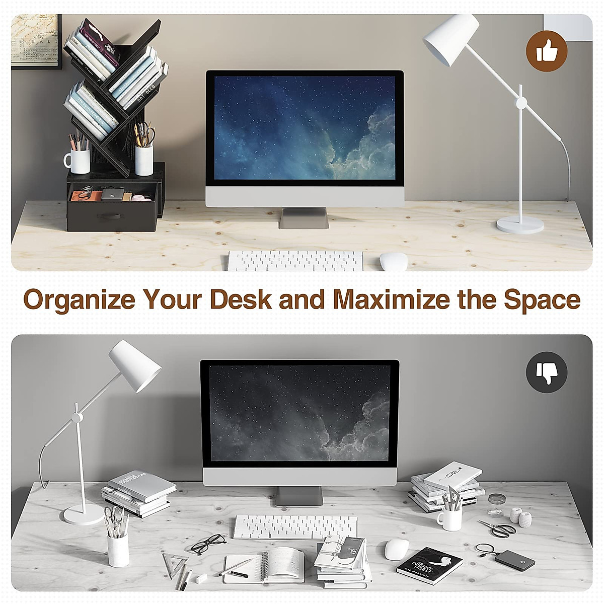 Rolanstar Bookshelf with Drawer, 4 Shelf Tree Bookshelf, Wooden Bookshelves Storage Rack for CDs/Movies/Books, Black Bookcase, Utility Organizer Shelves for Living Room, Bedroom