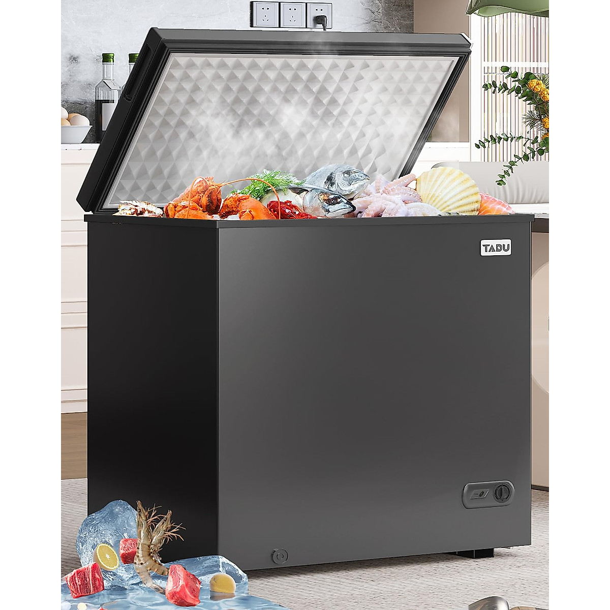 TABU 10 Cu Ft Large Chest Freezer with 7 Level Adjustable Thermostat,Compact Freestanding Top-opening Deep Freezer with Removable Storage Basket, Black