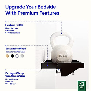 Bedshelfie Bedside Shelf for Bunk Bed - College Dorm Room Essentials, Loft Bed Accessories, Clip On Nightstand Snack Organizer, Floating Bed Side Table Tray Shelfie Storage - Minimalist Black Wood