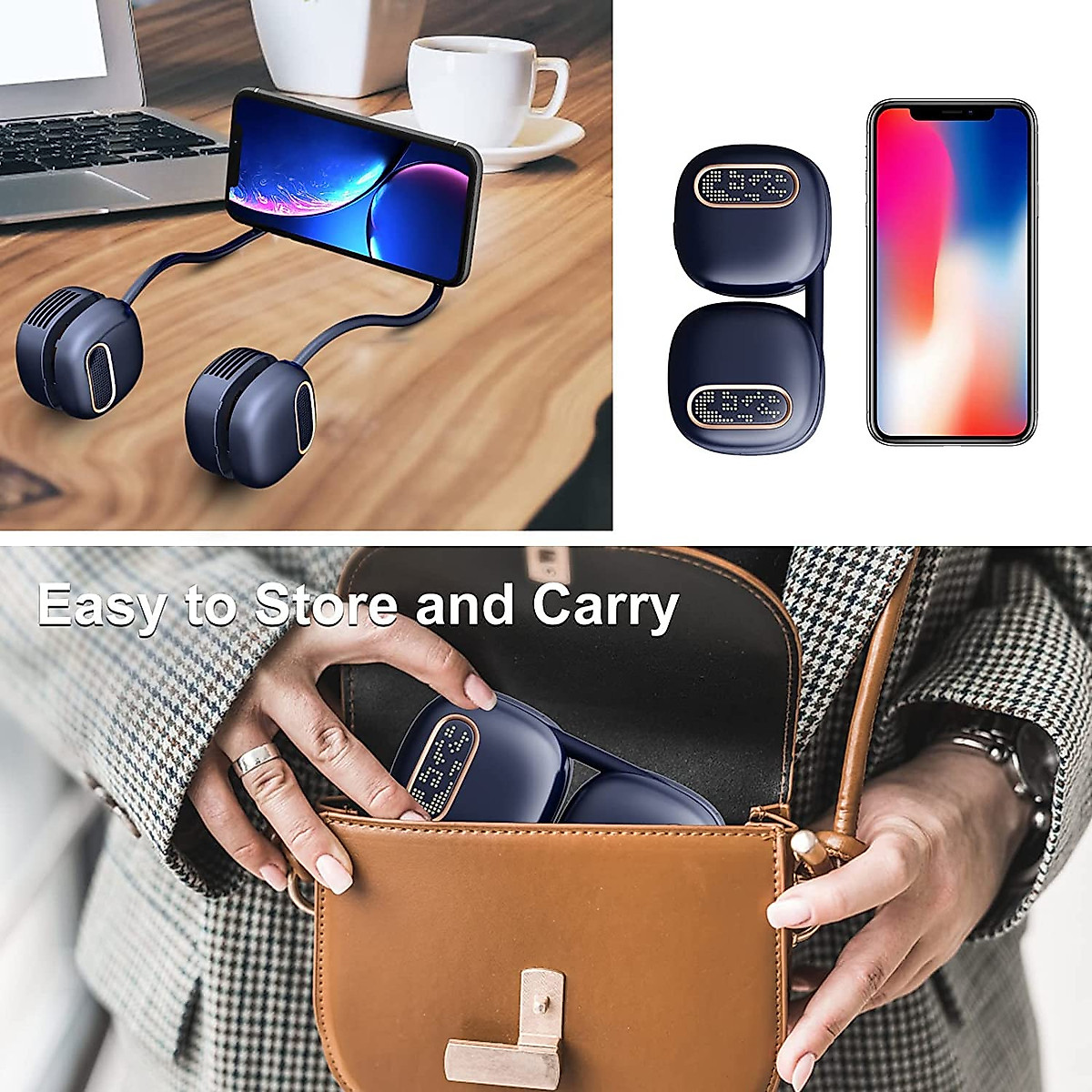 Apatner Portable Neck Fan,Foldable Bladeless Neck Cooler,Wearable Personal Fans with LED Lights,Hand Free Mini Cooling Fan, 2000mAh USB Rechargeable for Outdoor Travel Women(Blue)