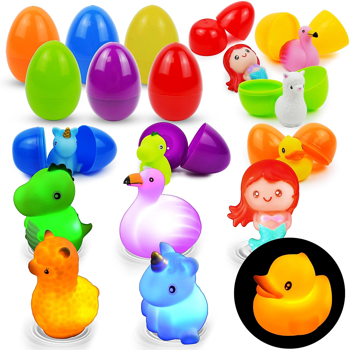 JOYIN 6 Pcs Pre-Filled Easter Eggs with Light-up Floating Bath Toys for Kids Toddler Eggs Hunt, Basket Stuffers/Fillers, Filling Treats, Party Favor, Classroom Prize Supplies