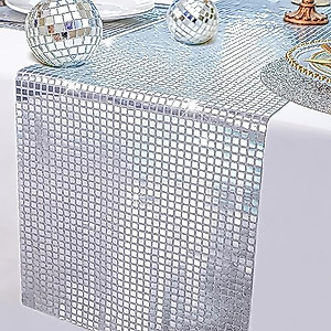 Snowkingdom 13 x 72 Inches Glitter Disco Party Table Runner Mirror Silver Table Runner Retro 70s 80s Theme Disco Ball Party Table Decorations Birthday Bachelorette Dance Party Supplies