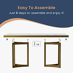 POVISON Marble Dining Table for 6, Modern Dining Room Table 63" for Kitchen & Dining Room, White Marble Table Top with Luxury Gold Trestle Pedestal(Dining Table Only)