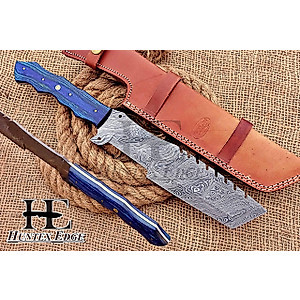 HUNTEX Unique Custom Handmade Hand-Forged Twist Pattern Damascus Steel 14 Inch Long Full Tang Pakka Wood Handle Razor Sharp Hunting Camping Tracker Knife with Genuine Leather Sheath