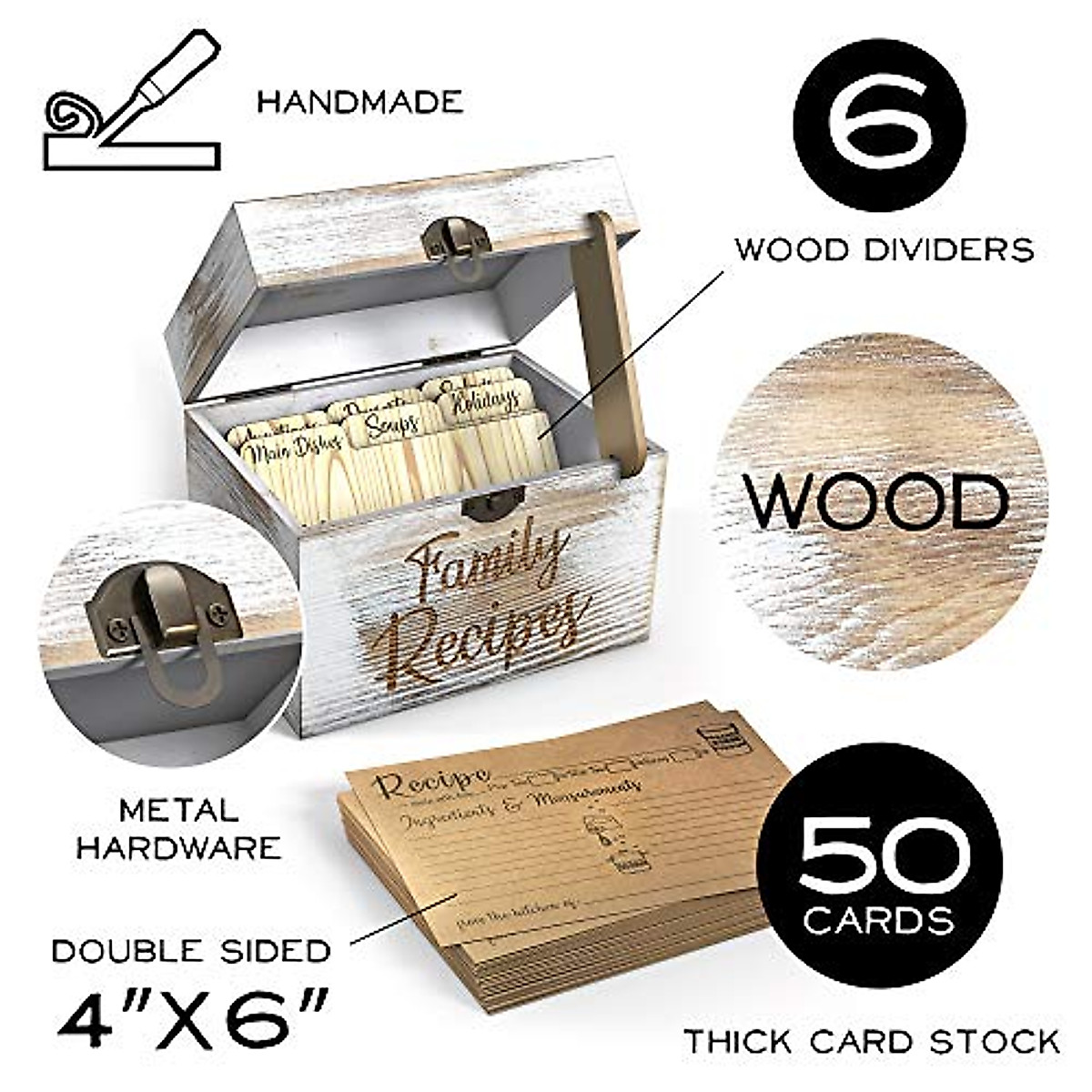 Wooden Recipe Box with Cards and Dividers - Includes 6 Wood Dividers - 50 Double Sided 4x6 Recipe Cards - Premium Handcrafted Quality - Great Gift Idea - Wedding, Birthday, Anniversary, Mother's Day