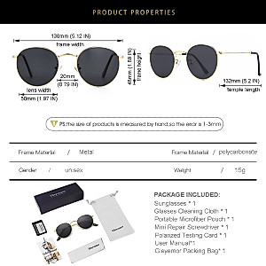 Gleyemor Classic Polarized Round Sunglasses for Women Men, Trendy Metal Frame Shades (Gold/Grey)
