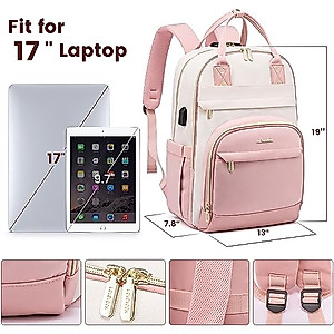 LOVEVOOK Laptop Backpack for Women, Fits 17 Inch Laptop Bag, Fashion Travel Work Anti-theft Bag, Business Computer Waterproof Backpack Purse, University Backpacks, Beige-Pink-Pink