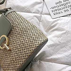 ASUYOERU Straw Weave Women Bucket Handbags Summer Beach Totes Travel Shoulder Bags, Green, 21 x 18 x 5cm