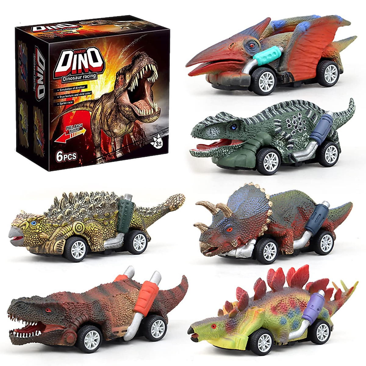 ABCaptain Dinosaur Toys Pull Back Cars for Boys Kids Toddlers 3-7 Year Old, Dino Monster Trucks Birthday Easter for Age 3 4 5 6 (6Pcs-A)