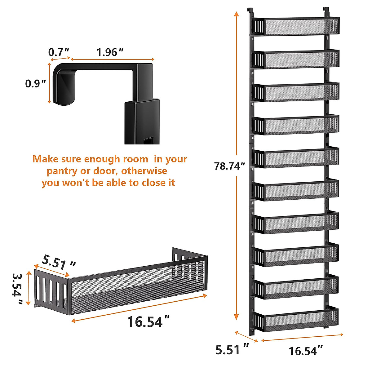 DAOTENGQL Over the Door Organizer Hanging with 10 tiers Mesh Baskets, Stable & Adjustable Pantry Spices Rack for Snacks Baby Essentials Toiletries Toys and Small Clothes, etc, Black, (SA005)