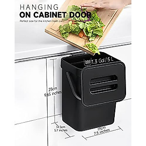 MONGTINGLU Countertop Compost Bin - 1.3 Gallons Hanging Small Trash Can with Lid for Kitchen Bathroom, Under Sink Kitchen Trash Can, Indoor Counter Compost Bucket with Lid, 5L(Black)