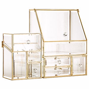 Stackable 3Pieces Drawer Set Glass Makeup Organizer Antique Countertop Vanity Cosmetic Storage Box Mirror Glass Beauty Display, Holder for Brushes Lipsticks Skincare Toner with free Pearl (Gold)