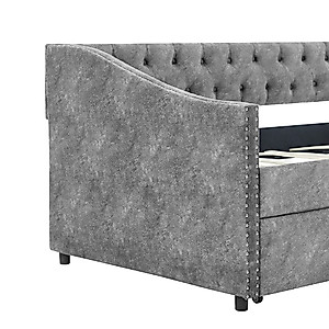 Lovtimber Twin Size Daybed with Double Storage Drawers, Upholstered Sofa Bed, Wooden Couch Tufted Backrest & Nailhead Armrest, for Bedroom Furniture, Living Room, Gray