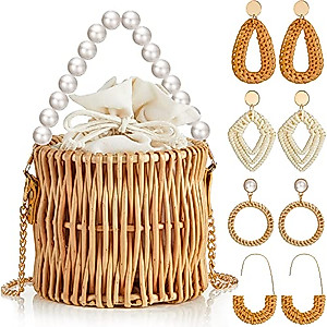 9 Pcs Women's Pearl Straw Bags Rattan Earrings Summer Beach Handbags Woven Wicker Bucket Tote Bag Straw Wicker Braid Hoop Drop Dangle Bohemian Earrings