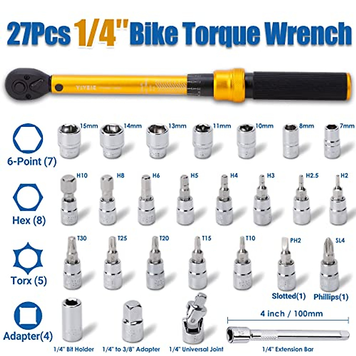 YIYEIE 1/4 Inch Drive Bike Torque Wrench, 1-25 Nm (10-222.5 in.lb), 27 PCS Click Bicycle Torque Wrench with Bit Sockets, 0.1 Nm Micro, 72-Tooth Ratchet, 3/8 Adapter, for MTB, E-Bike, Motorcycle