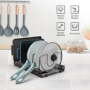 Puricon (3 Set) Pot Rack Pan Lid Organizer with 15 Adjustable Dividers, Pot Lid Skillet Griddle Cutting Board Baking Pan Holder, Cookware Rack for Kitchen Cabinet Cupboard Pantry Storage -Bronze