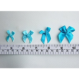 ICRAFY 100 Tiny Satin Ribbon Bows Blue Sea Color Mini Embellishment Craft Artificial Applique Wedding Ribbon Width 7 mm.