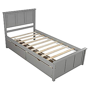 Modern Wood Low Bed Frame with Headboard and Drawers, Platform Bed No Box Spring Needed/Easy Assembly, Twin Gray