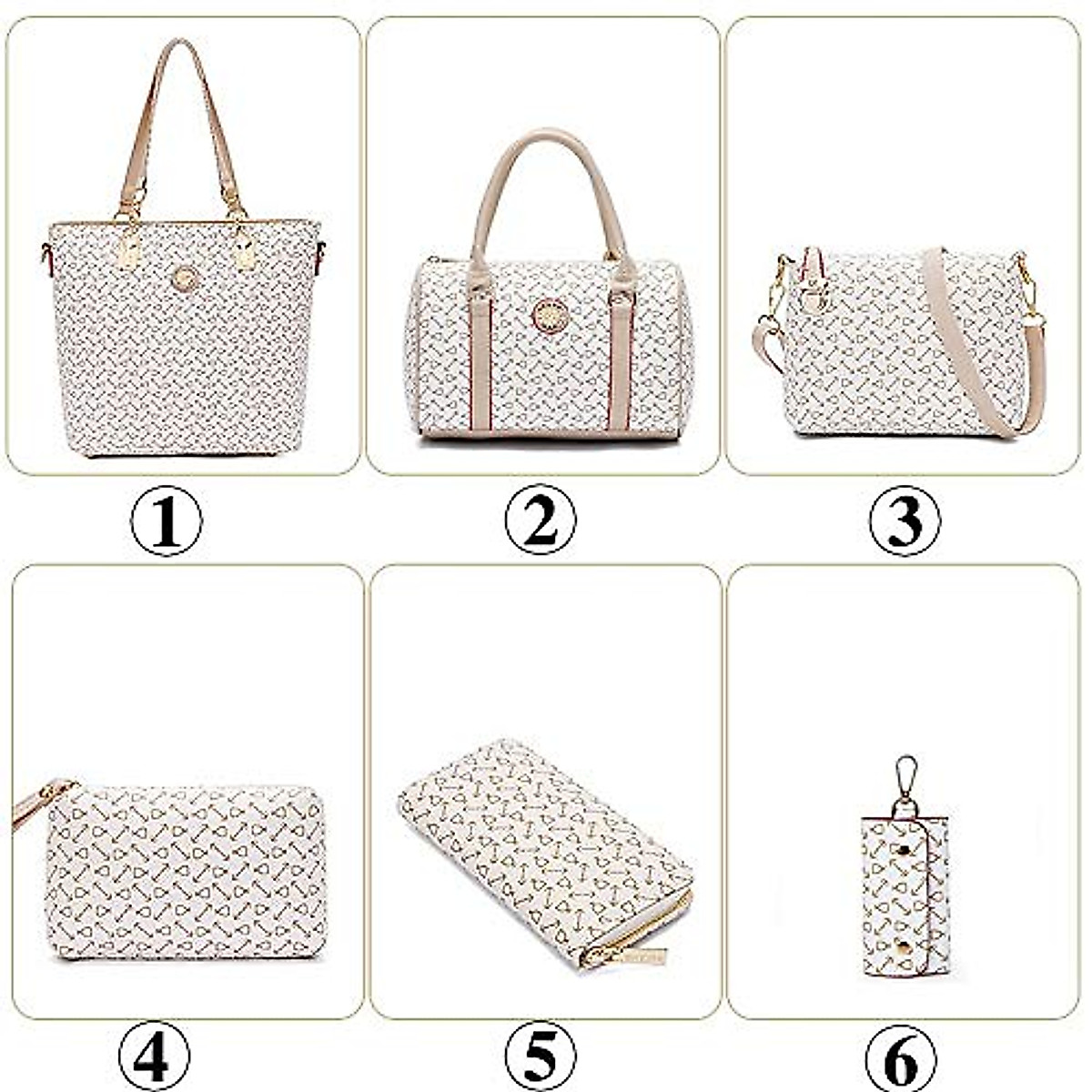 RainboSee Women 6 Pcs Handbag Tote Stitching Shoulder Bag PU Top Handle Hobo Satchel Purse Clutch Beige