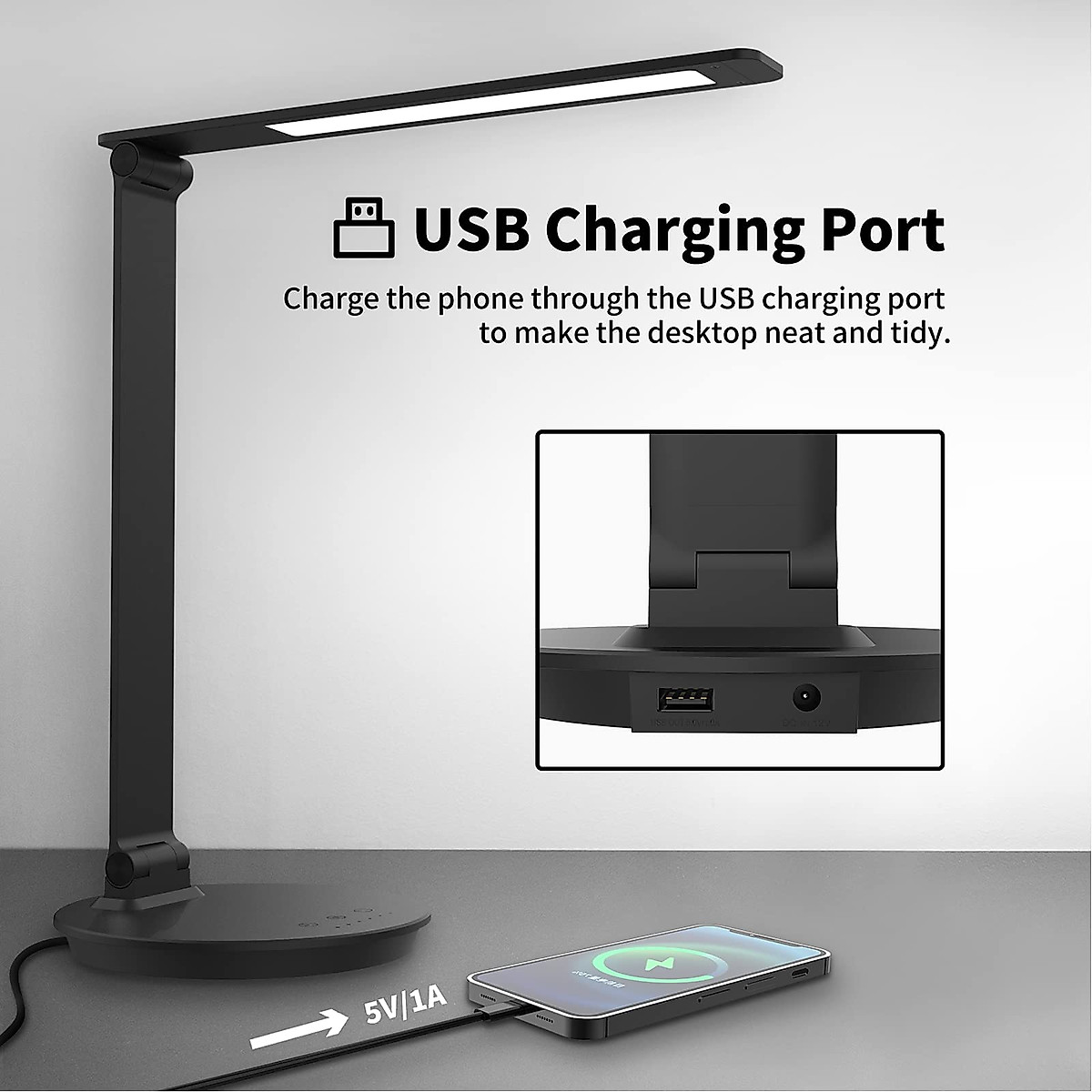 Mongery LED Desk Lamp, Table Lamp with Touch Control USB Charging, Eye-Caring Desk Lamp Aluminum Multiple Angle Adjustments LED Light for Office, Home, Reading and More, Black
