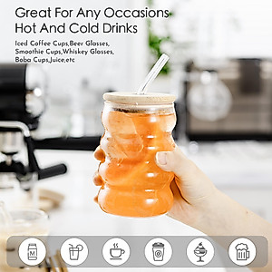 INSETLAN Creative Glass Cups With Lids And Straws-18oz Wave Shape Drinking Glasses of 4 Set, Beer Glasses, Can Shaped Glass Cups, Cute Tumbler Cup, for Cocktail, Juice, Iced Coffee (18 OZ)