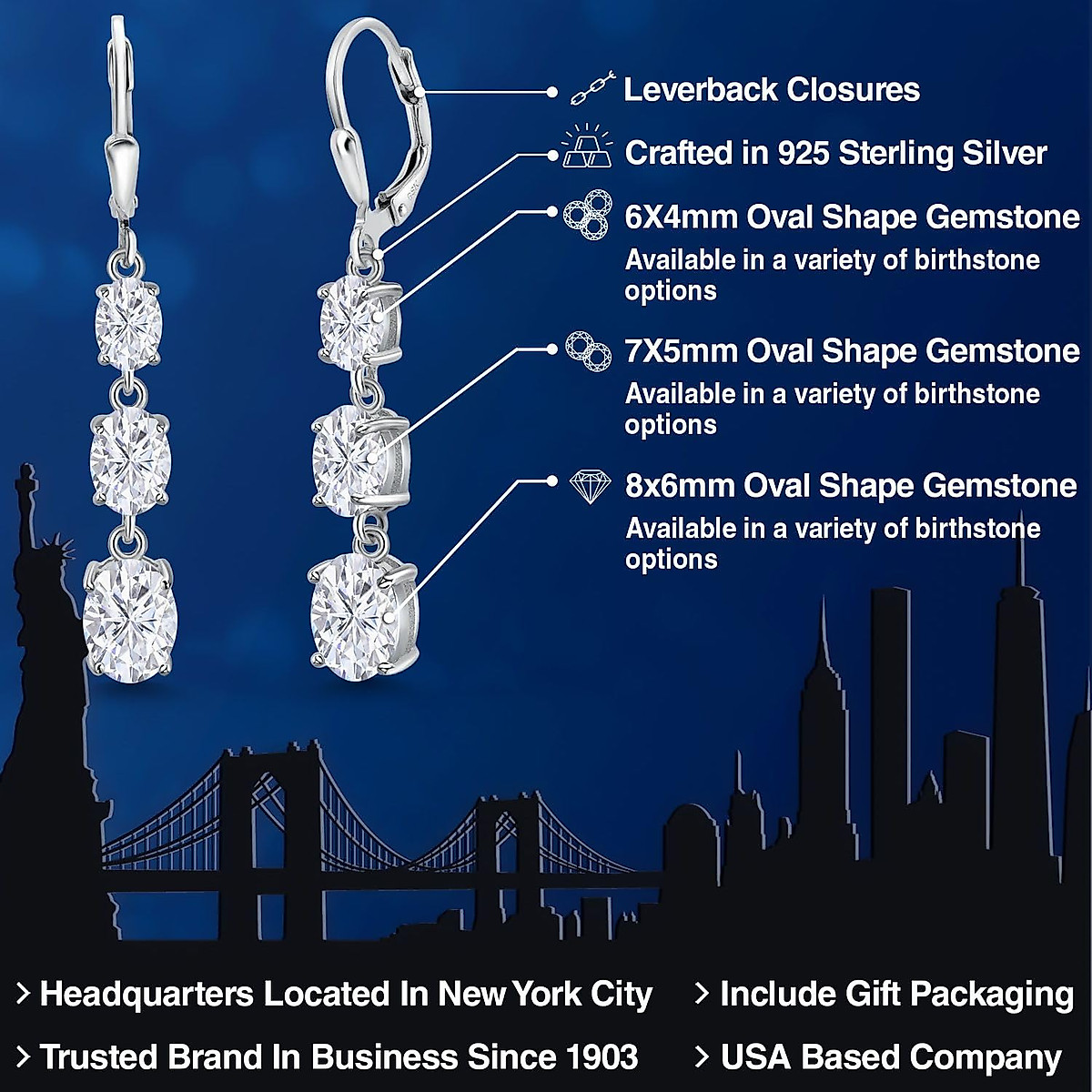 Gem Stone King 925 Sterling Silver Gemstone Birthstone 3-Stone Drop Dangle Earrings | Oval 8X6MM 7X5MM and 6X4MM | Three Stone Leverback Earrings For Women