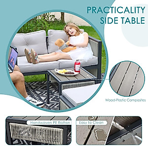 NICESOUL Modern Patio Furniture Set, 4 Seats Outdoor Sectional Sofa Set with Side Tables Footrest All-Weather Dual-Layer PE Rope Rattan Iron Frame 4" Thick Cushion Chairs Conversation Set Grey