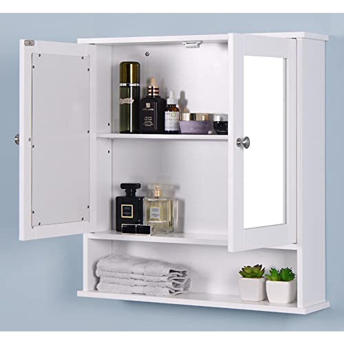 Bathroom Medicine Cabinet Wall Mounted with Double Mirror Doors, Wooden Hanging Bathroom Cabinet with Doors and Shelves, Bathroom Wall Mirror Cabinet, Multipurpose Wall Mounted Storage Cabinet, White