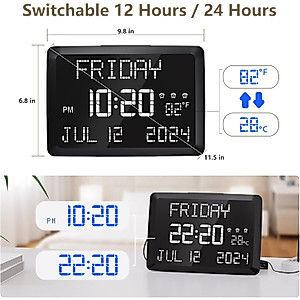 Raynic Digital Clock, 11.5" Large LED Word Display Dimmable Digital Wall Clock,Adjustable Brightness Digital Alarm Clock with Day and Date,Indoor Temperature,Snooze,12/24H,DST for Home, Office,Elderly