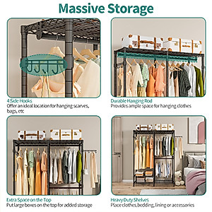 Exglobol Heavy Duty Garment Rack, Metal Closet Organizers and Storage, Wardrobe Clothing Racks for Hanging Clothes, 3 Tiers Adjustable Wire Shelving with 2 Hanger Rods and Side Hooks, Black