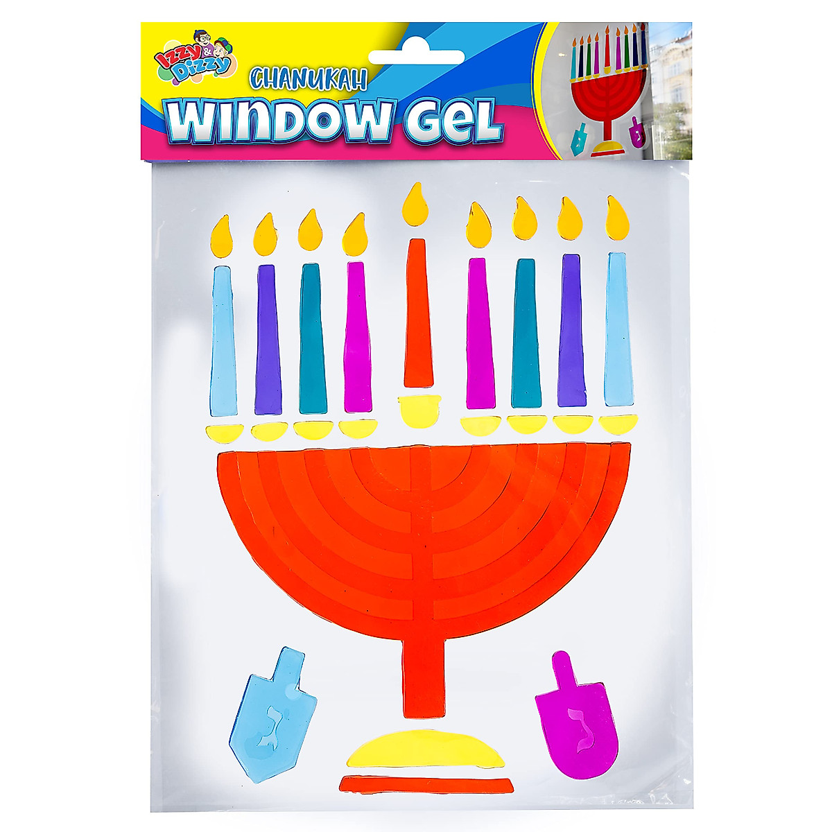 Menorah Window Gel Cling - Self Sticking Chanukah Menorah and Dreidels - Hanukkah Party Decorations and Supplies by Izzy 'n' Dizzy