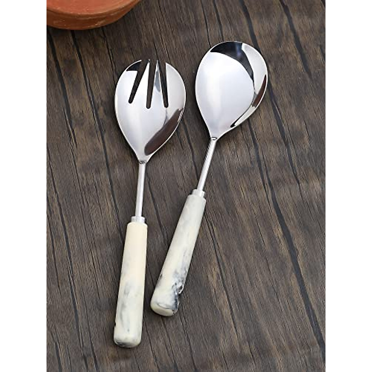 YoTreasure Tiramisu Resin & Stainless Steel Ivory Salad Server Spoon and Fork Set Cooking Utensils for Kitchen