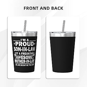 I'm A Proud Son In Law Of A Freaking Awesome Mother In Law Gifts 12oz Stainless Steel Coffee Tumbler Travel Coffee Mug Insulated Coffee Mug with Lid Spill Proof Coffee Cup Portable Thermal Mug-NN