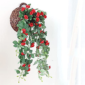 HENJADE 2 Pieces Artificial Hanging Flowers Artificial Rose Vine Hanging Plants Artificial Flower for Home Room Garden Wedding Indoor Outdoor Offiece Room Decor (Red)