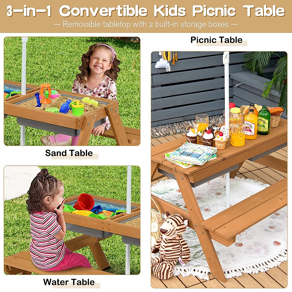 Costzon Kids Picnic Table, 3 in 1 Sand & Water Table w/Height Adjustable Umbrella, Removable Tabletop, Children Outdoor Toy Playset w/2 Play Boxes, Wooden Convertible Activity Play Table